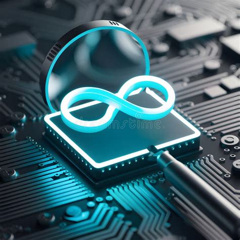 Futuristic Neon Blue Infinity Symbol On Square Platform Intricate Circuitry Backdrop Stock