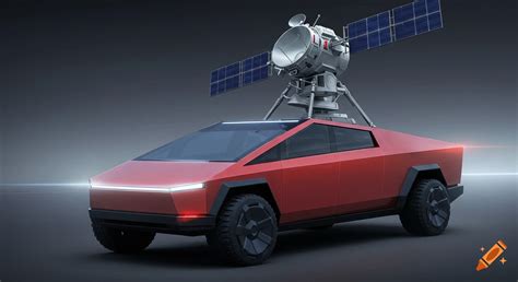A Red Tesla Cybertruck With A Large Satellite Dish And Solar Panels