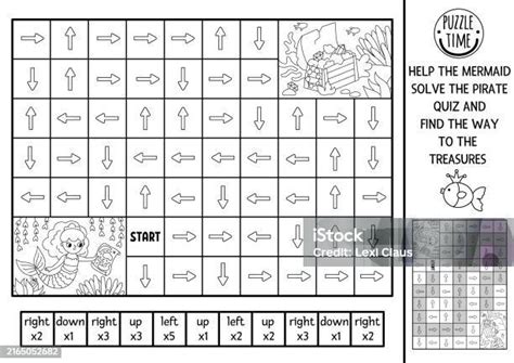 인어 논리 해적 지도와 보물 상자를 가진 아이들을 위한 흑백 미로 바다 왕국 인쇄 가능한 활동 미로 게임 퍼즐 또는 왼쪽 오른쪽