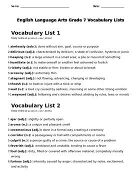 7th Grade Vocabulary Lists Packet 16 Vocabulary Lists 160