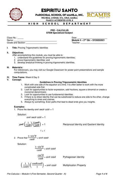 Pre Cal Module 4 Practice Material For Math Pre Calculus Stem Specialized Subject Class No
