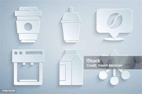 커피 원두 가방 위치 커피 머신 원두 가지 컵 및 아이콘 설정 벡터 3차원 형태에 대한 스톡 벡터 아트 및 기타 이미지 3차원 형태 가방 나무 Istock