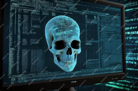 premium photo computer code on a screen with a skull representing a computer virus malware attack