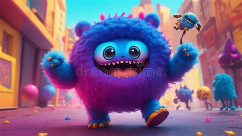 Cute Tiny Furry Fluffy Monster Dancing Hip Hop Fiesta Art Style Alien City World Stock