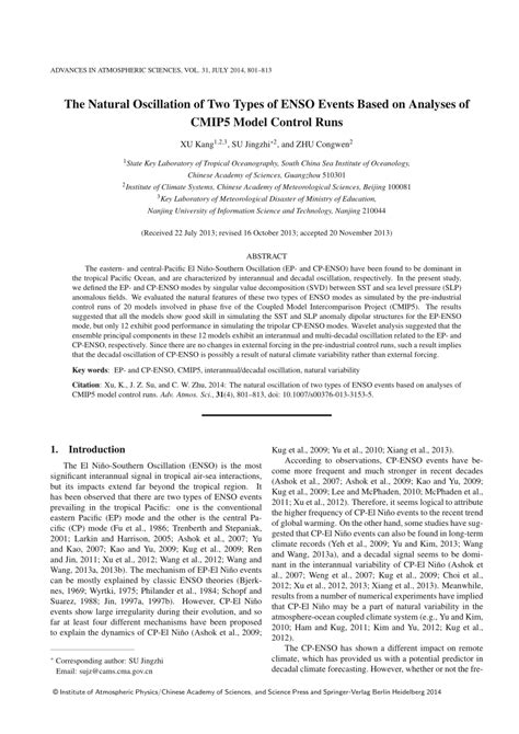 Pdf The Natural Oscillation Of Two Types Of Enso Events Based On Analyses Of Cmip5 Model