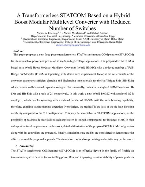 Pdf A Transformerless Statcom Based On A Hybrid Boost Modular Multilevel Converter With