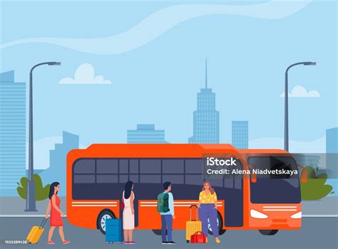 자동차 스테이션에 있는 사람들 남자 여자가 수송기 근처에 서서 승객 탑승을 기다리고 있다 시민 도시 인프라 개념 벡터 일러스트 레이 션입니다 거리에 대한 스톡 벡터 아트 및