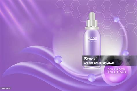 뷰티 제품 광고 디자인 콜라겐 용액 광고 배경이있는 보라색 화장품 용기 고급 스킨 케어 배너 일러스트 벡터 개념에 대한 스톡 벡터 아트 및 기타 이미지 Istock
