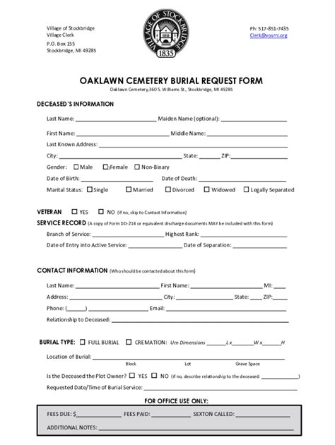 Fillable Online 2023 Oaklawn Cemetery Burial Request Form Stockbridge