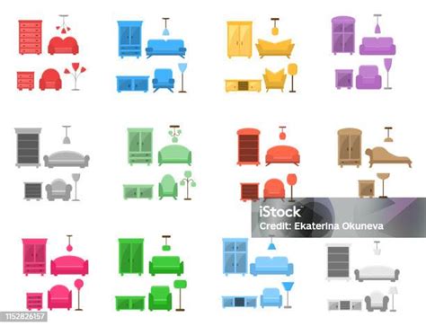 가구 12 세트옷장 의 자 소파 샹들리에 바닥 램프와 다른 스타일의 나이트 스탠드 벡터 일러스트 레이 션 플랫 아이콘입니다 현대 가정 및 사무용 가구의 요소 0명에 대한