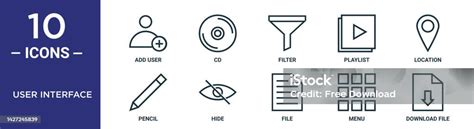 사용자 인터페이스 개요 아이콘 세트에는 얇은 줄 추가 사용자 필터 위치 숨기기 메뉴 파일 다운로드 보고서 프리젠 테이션 다이어그램 웹 디자인을위한 연필 아이콘이 포함됩니다