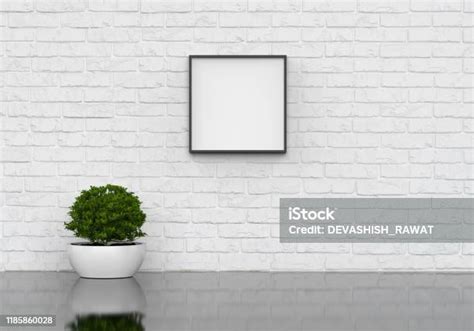 내부 포스터 는 흰색 벽 배경에 꽃병에 사각형 프레임과 식물 3d 일러스트로 조롱 액자에 대한 스톡 사진 및 기타 이미지 액자 벽 정사각형 Istock