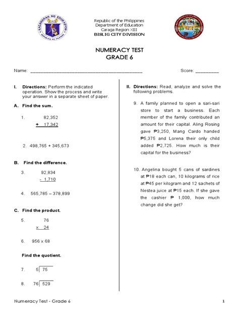 Grade 6 Numeracy Test Pdf Science Mathematics