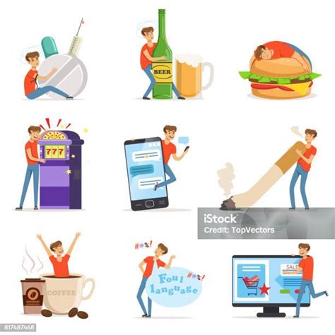 나쁜 습관 알코올 중독 마약 중독 흡연 도박 중독 스마트폰 쇼핑 Coffeemania 열성 비만 벡터 일러스트와 설정 남자에 대한 스톡 벡터 아트 및 기타 이미지 Istock