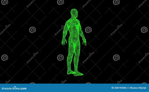 3d Human Body On Black Background Object Dissolved Green Flickering Particles Science Concept