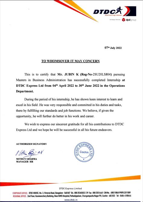 Internship Dtdc Srinivascollege Jubin K