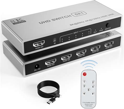 Hdmi Switch 5 In 1 Out 8k Uhd Hdmi Switcher Splitter Hdmi 2 1 Switcher With Ir Remote 5 Port
