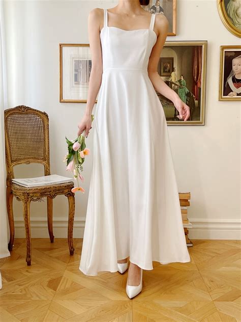 모반디 리본 화이트 원피스 민소매 롱 A라인 플레어 셀프웨딩 드레스 브라이덜샤워 휴양지 촬영 드레스