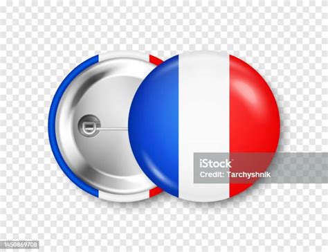 프랑스 국기가 인쇄된 현실적인 버튼 배지 프랑스에서 기념품 반짝이는 금속 걸쇠가 있는 광택 핀 배지 광고 및 판촉을 위한 제품 모형 벡터 그림 0명에 대한 스톡 벡터 아트