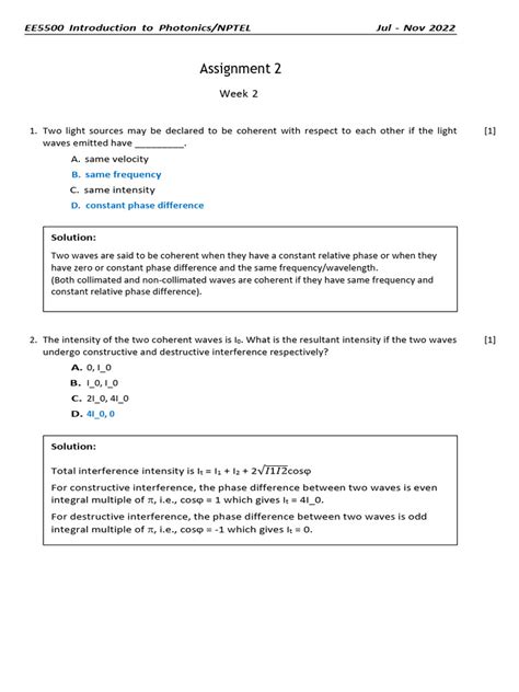 Week 2 Assignment Pdf Coherence Physics Interferometry