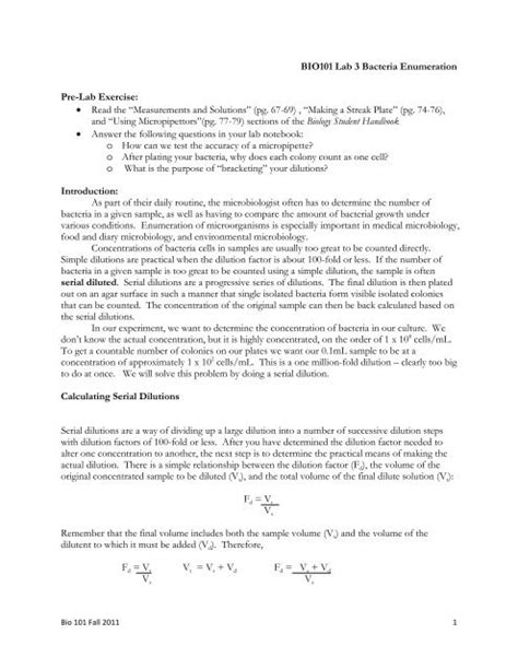 BIO Lab Bacteria Enumeration Pre Lab Exercise â Read the