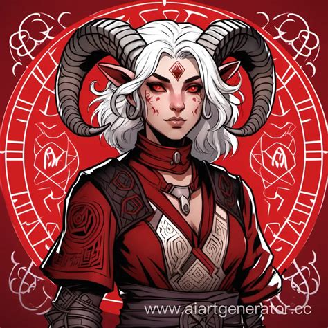 Enchanting Tiefling Ranger with White Hair and Ram Horns on Red ...