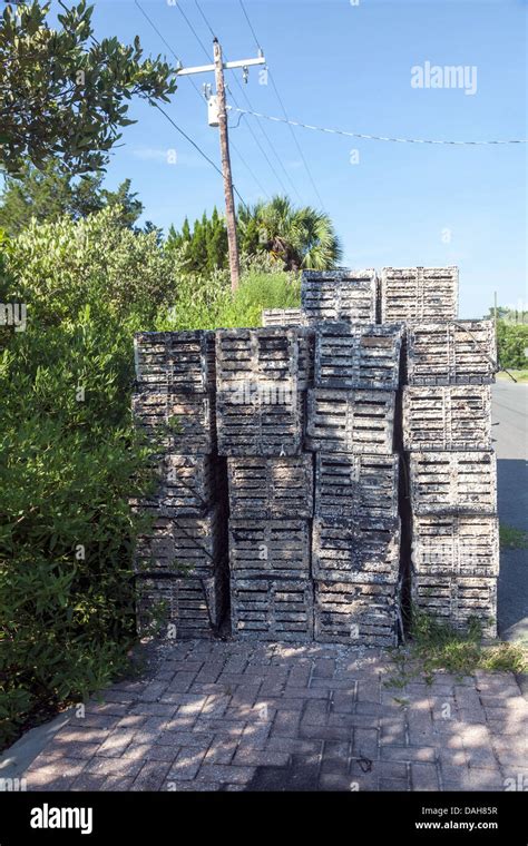 Commercial Seafood Shellfish Traps And Floats Stacked By The Roadside