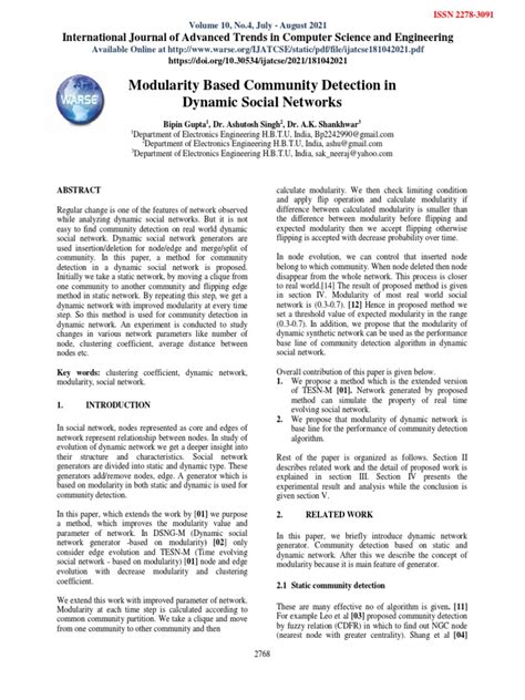Modularity Based Community Detection In Dynamic Social Networks Pdf