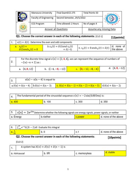 Cce Final Exam Solution Pdf Fourier Transform Signal Processing