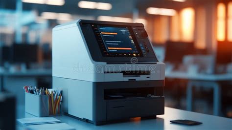 Modern Multifunction Printer In A Stylish Office Setting Featuring Digital Control Panel Stock
