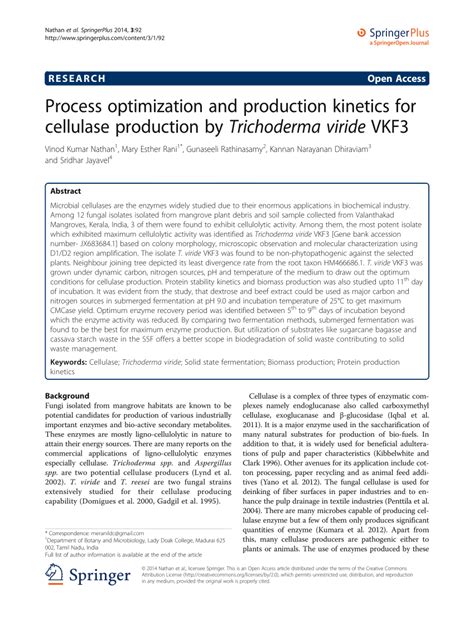 Pdf Process Optimization And Production Kinetics For Cellulase Production By Trichoderma
