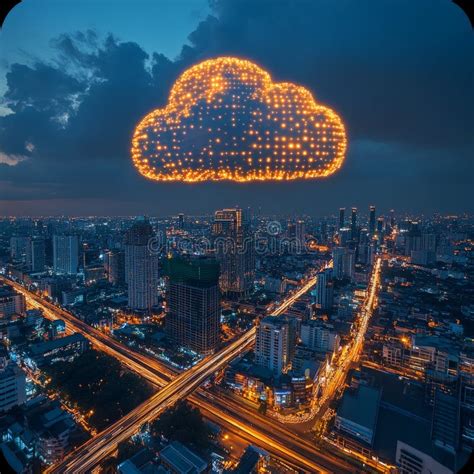 A Glowing Digital Cloud Icon Hovers Over A Modern Cityscape At Night