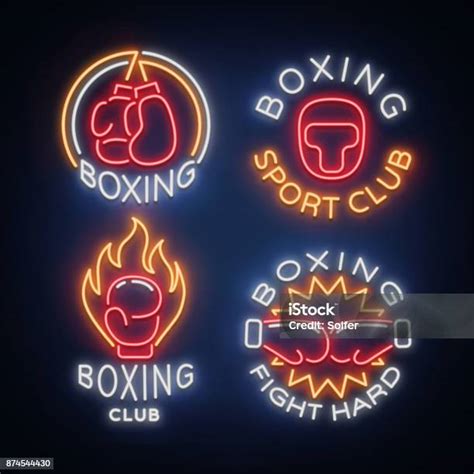권투 스포츠 클럽 아이콘 네온 스타일 벡터 일러스트 레이 션의 설정 컬렉션 네온 간판 엠 블 럼 복싱 테마에 스포츠 시설에 대 한 기호입니다 네온 배너 밝은 밤 광고