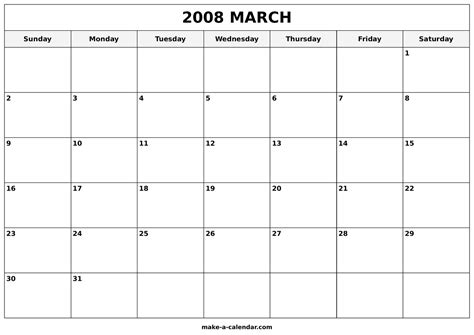 March 2008 Calendar — Printable Pdf With Holidays