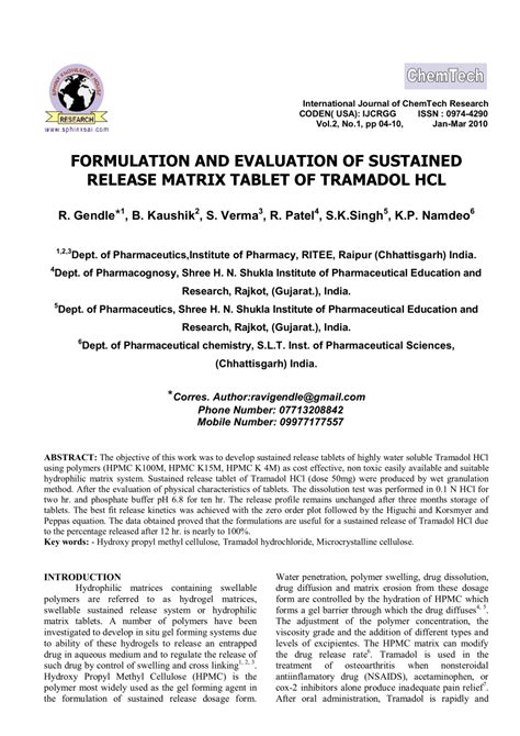 Pdf Formulation And Evaluation Of Sustained Release Matrix Tablet Of Tramadol Hcl