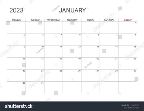 월별 가로 달력 1월 달력 서식 스톡 벡터로열티 프리 2233609141 Shutterstock