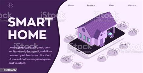 스마트 홈 기술 개념 배너 국내 스마트 기기의 아이콘과 연결된 건물 벡터 아이소메트릭 일러스트레이션 시스템 지능형 건물 외관에 대한 스톡 벡터 아트 및 기타 이미지 Istock