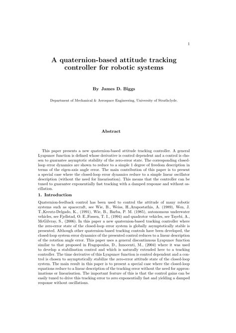 Pdf A Quaternion Based Attitude Tracking Controller For Robotic Systems