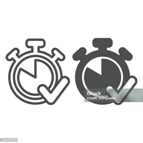 스톱워치 타이머 및 체크 표시 라인 및 솔리드 아이콘 프로젝트 일정 개념 벡터 그래픽입니다 흰색 배경에 작업 완료 성공 표시가 있는 시계 모바일 또는 웹 디자인을 위한 개요