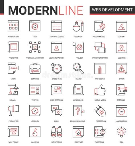Web Development Thin Red Black Line Icon Vector Illustration Set Developing Symbols Collection