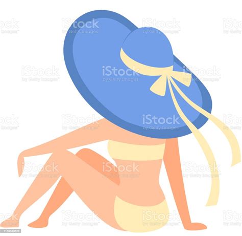 소녀 에서 노란 수영복 푸른 모자 해변에서 일광욕 백보기 아름다운 젊은 여자 즐기는 여름 휴가 에 바닷가 벡터 일러스트 계절에