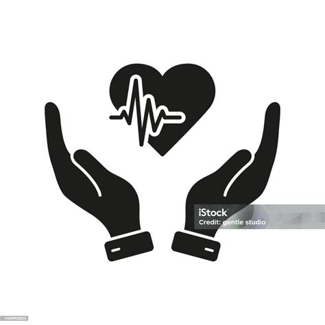 응급 도움 및 진단 인간의 손 글리프 아이콘으로 하트 비트 심장 박동 속도 주파수 기호입니다 심전도 아이콘입니다 심장 치료 실루엣 픽토그램 고립된 벡터 그림 아이콘에 대한