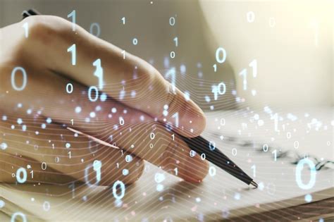 Premium Photo Creative Abstract Binary Code Hologram And Man Hand Writing In Diary On