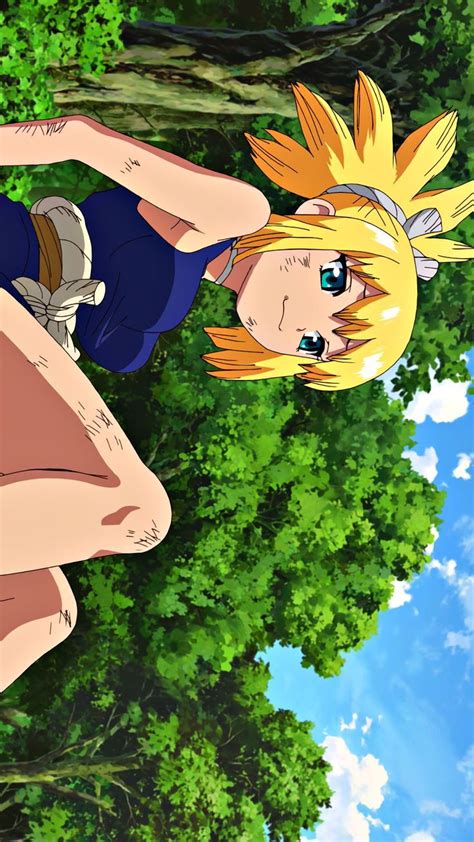 Two Anime Characters Standing Next To Each Other In Front Of Trees And Blue Sky With White Clouds