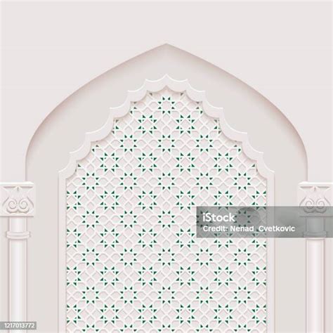 장식 패턴 돌 릴리프와 이슬람 모스크의 기둥 아랍어 건축 스타일의 아치에 양식에 일치시키는 문 라마단 카림 인사말 카드 Eid Al Adha에 대한 스톡 벡터 아트 및 기타