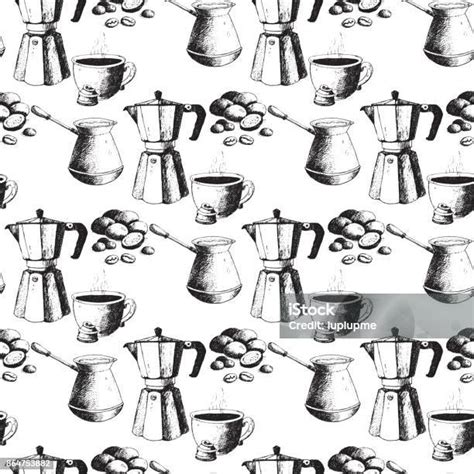커피 생산 손으로 그려진된 완벽 한 패턴 배경 빈티지 음료 복고풍 카페 스케치 디저트 벡터 그림 그리기 고풍스런에 대한 스톡