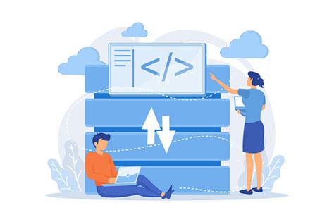 빅 데이터 기술로 작업하는 두 명의 개발자 빅 데이터 관리 및 스토리지 데이터베이스 분석 및 설계 벡터 예시 개념에 대한 스톡