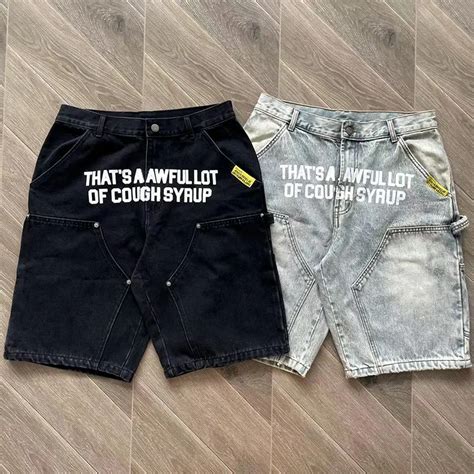 Thats An Awful Of Cough Syrup Printed Rivet Casual Washed Denim Shorts