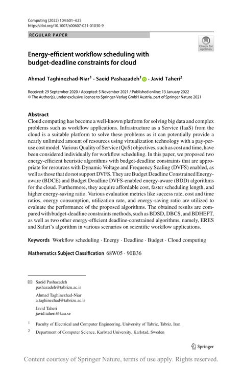 Energy Efficient Workflow Scheduling With Budget Deadline Constraints For Cloud Request Pdf