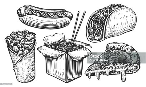 패스트 푸드 세트 스케치 냄비 국수 피자 타코 핫도그 케밥 길거리 음식 또는 테이크 아웃 빈티지 벡터 일러스트 레이 션 음식에 대한 스톡 벡터 아트 및 기타 이미지 Istock